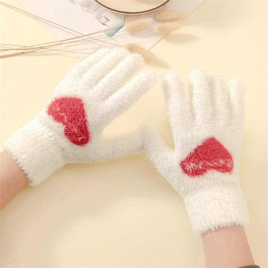 Women Touchscreen Fuzzy Gloves Cute Heart Print Fleece Warm Winter ...