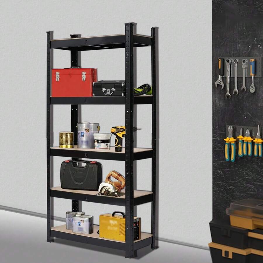 Heavy Duty Black Metal Garage Shelving Unit Shed Storage Shelves ...