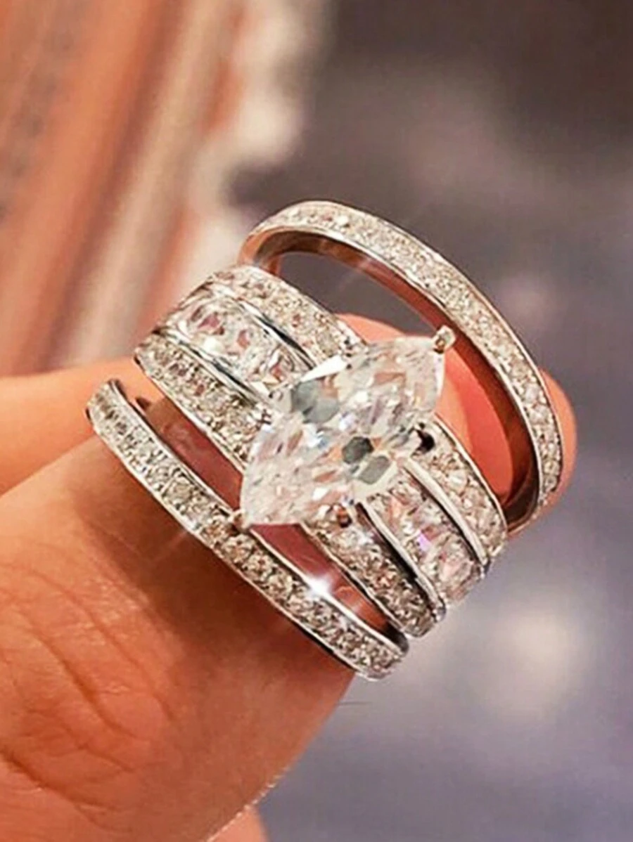 Stylever A Set Of 925 Sterling Silver Horse Eye Zirconia 3 Pieces Ring Suitable For Women Match ...