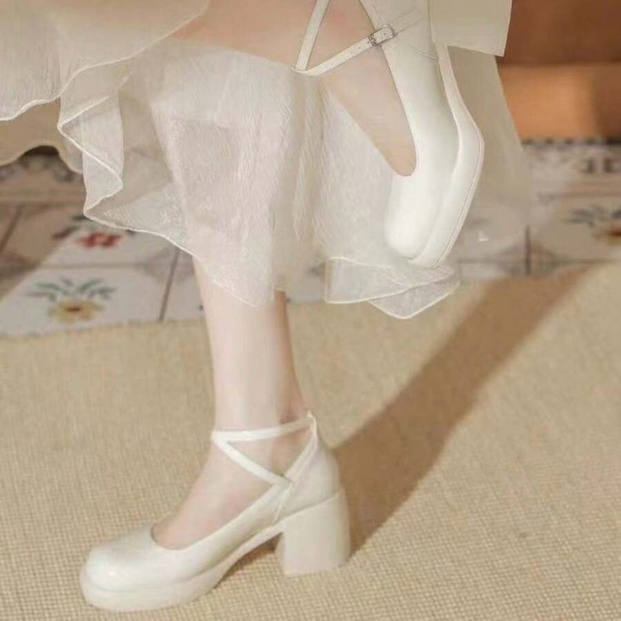 French Leather Mary High Heels Jane Rough Shoes New Cross Retro Straps ...