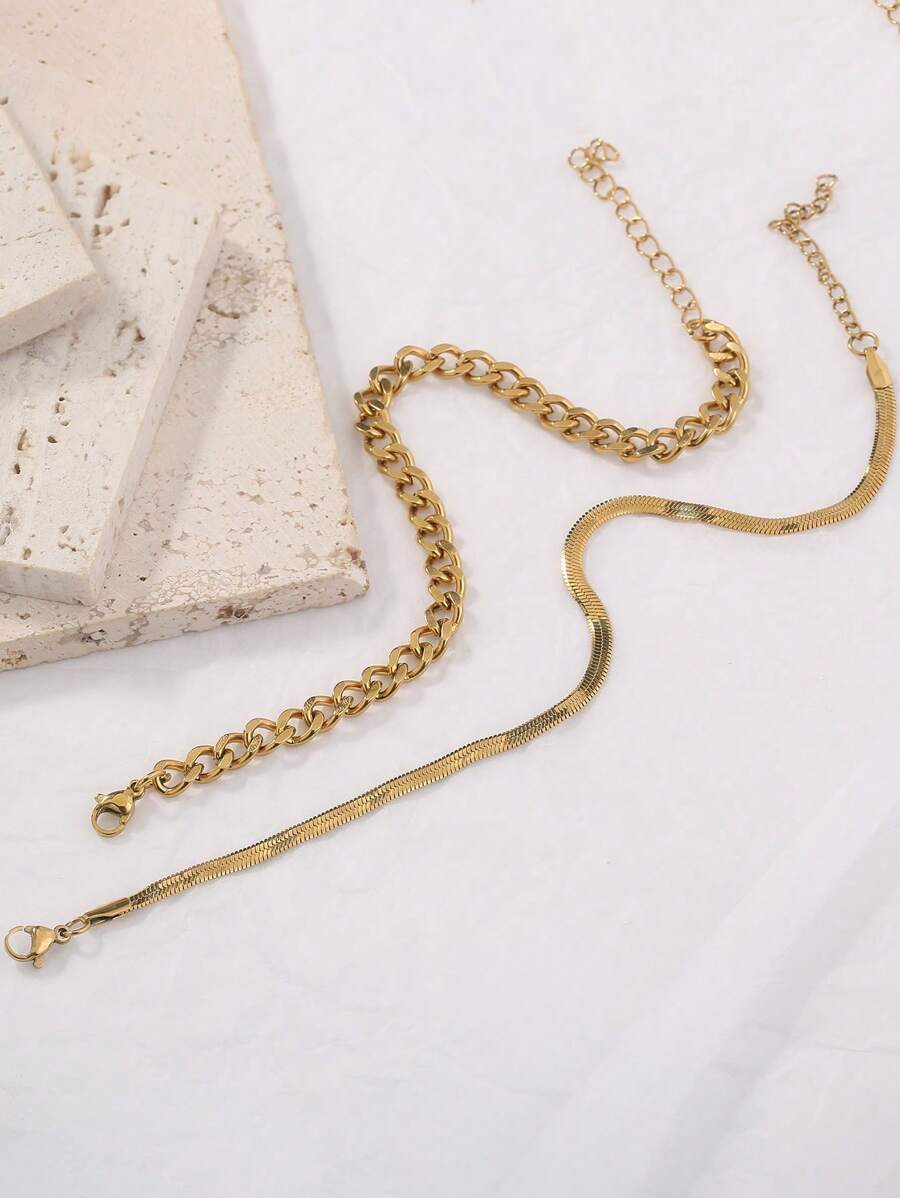 Nooxian 2pcs/Set Stainless Steel Gold Cuban Link Flat Snake Chain ...