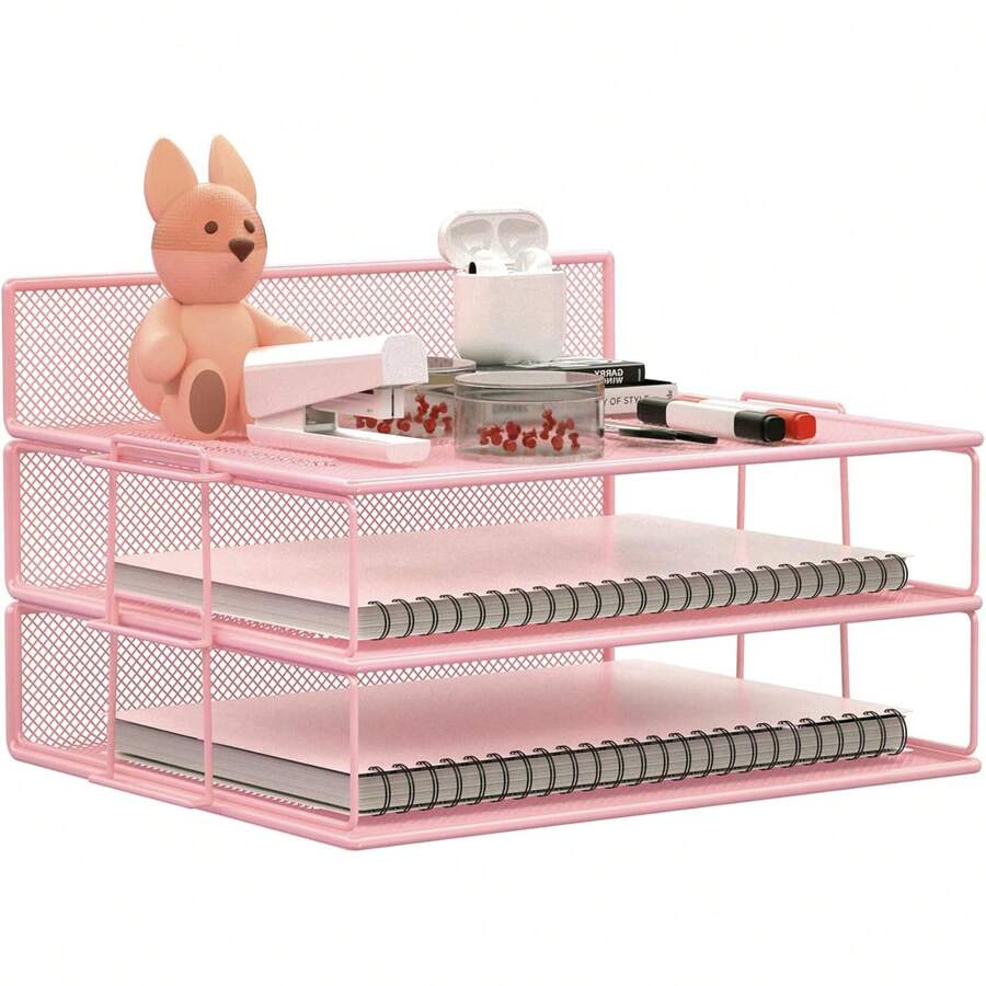 Stackable Paper Tray - Pink Desk Organizer, 2 Tier Paper Tray Letter ...