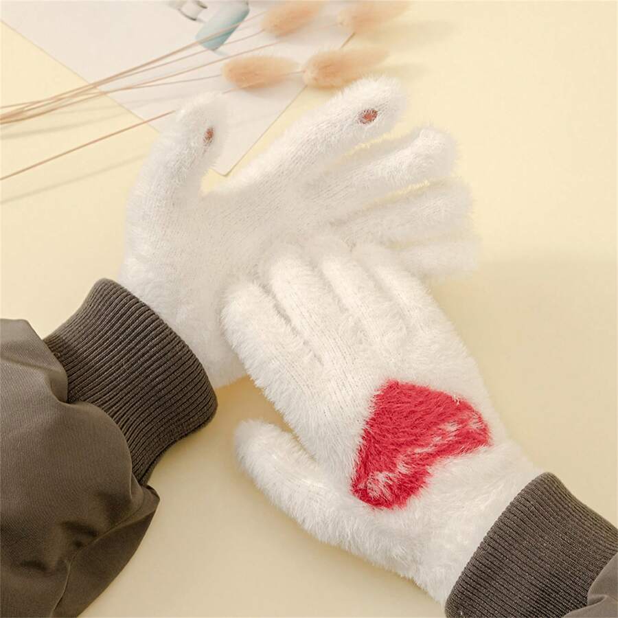 Women Touchscreen Fuzzy Gloves Cute Heart Print Fleece Warm Winter ...