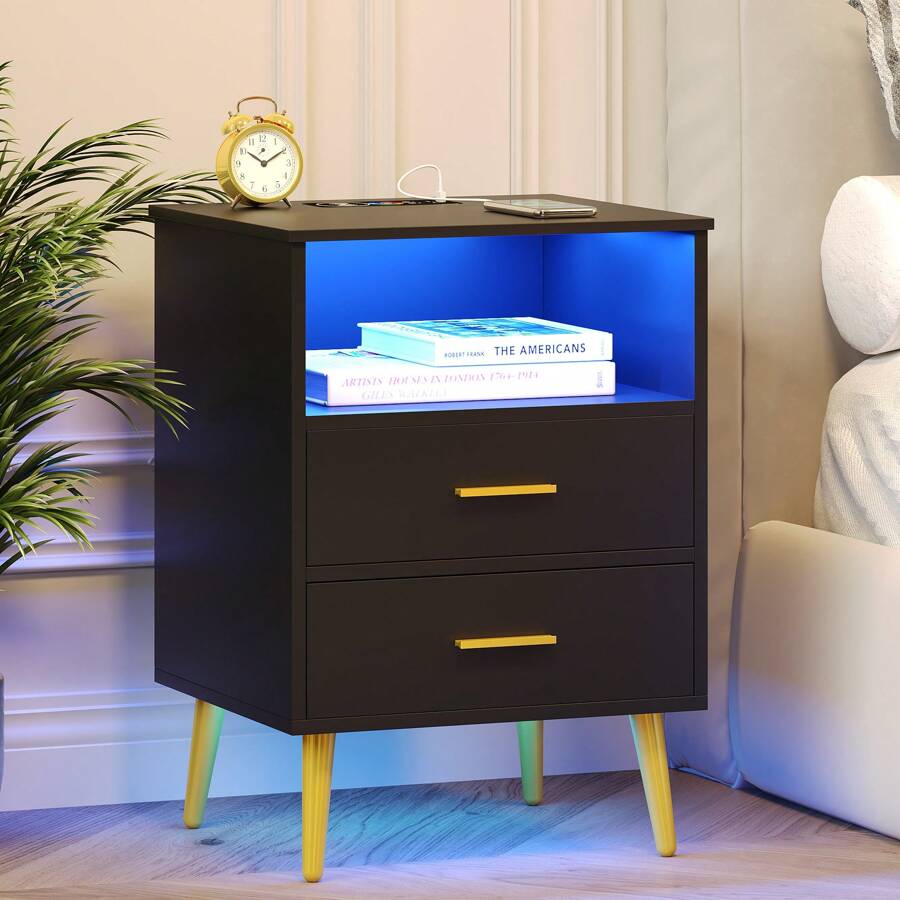 Grey Night Stand With Charging Station And LED Lights, Nightstand With ...