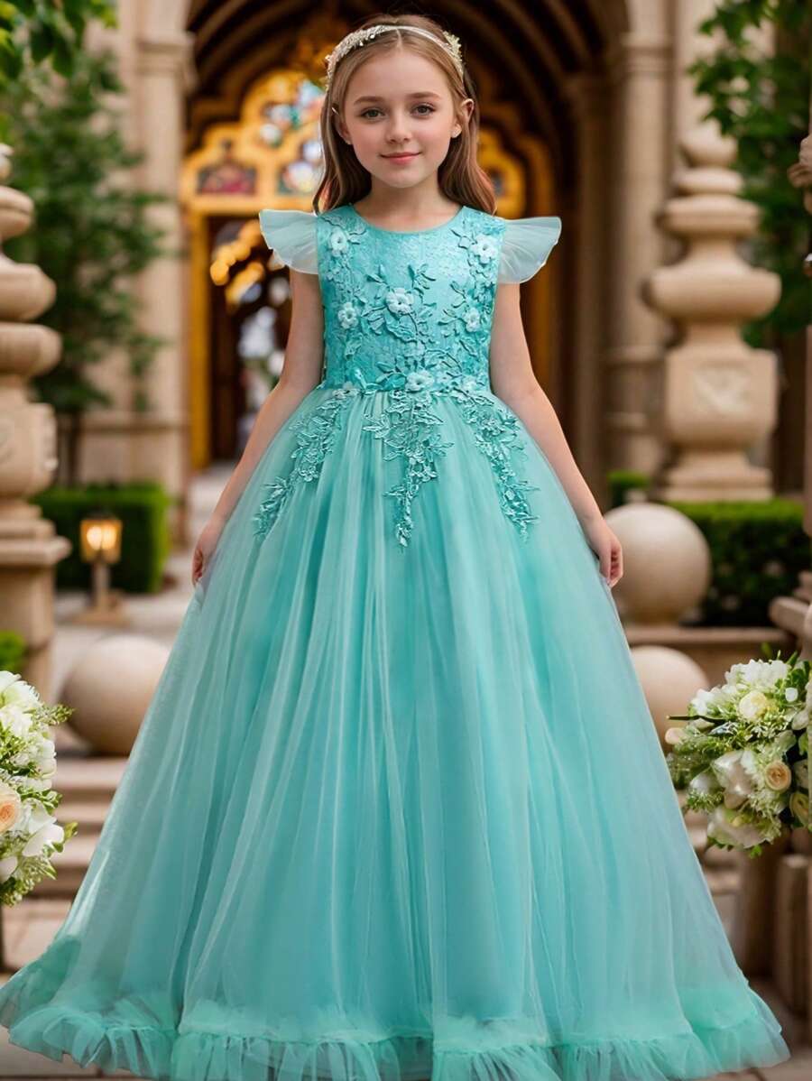 Tween Girl Lace Embroidered Dress, Princess Gown For Flower Girl ...