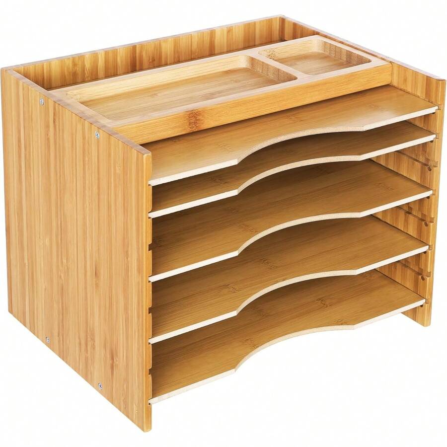 Bamboo File Organizer Paper Sorter With 5 Adjustable Shelves Top ...