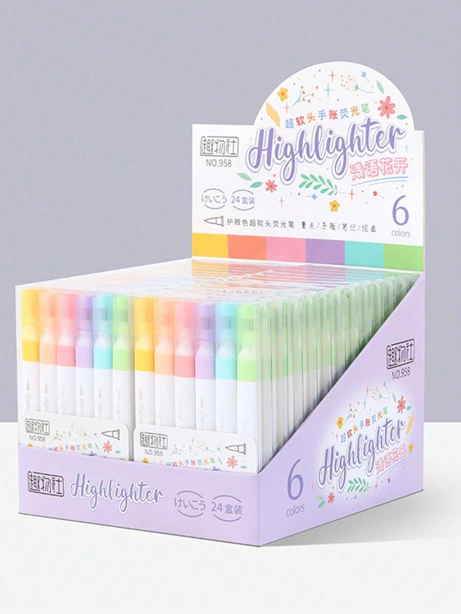 6pcs Soft-Tip Fluorescent Highlighter Pen Set, Gentle Colors, Marker ...