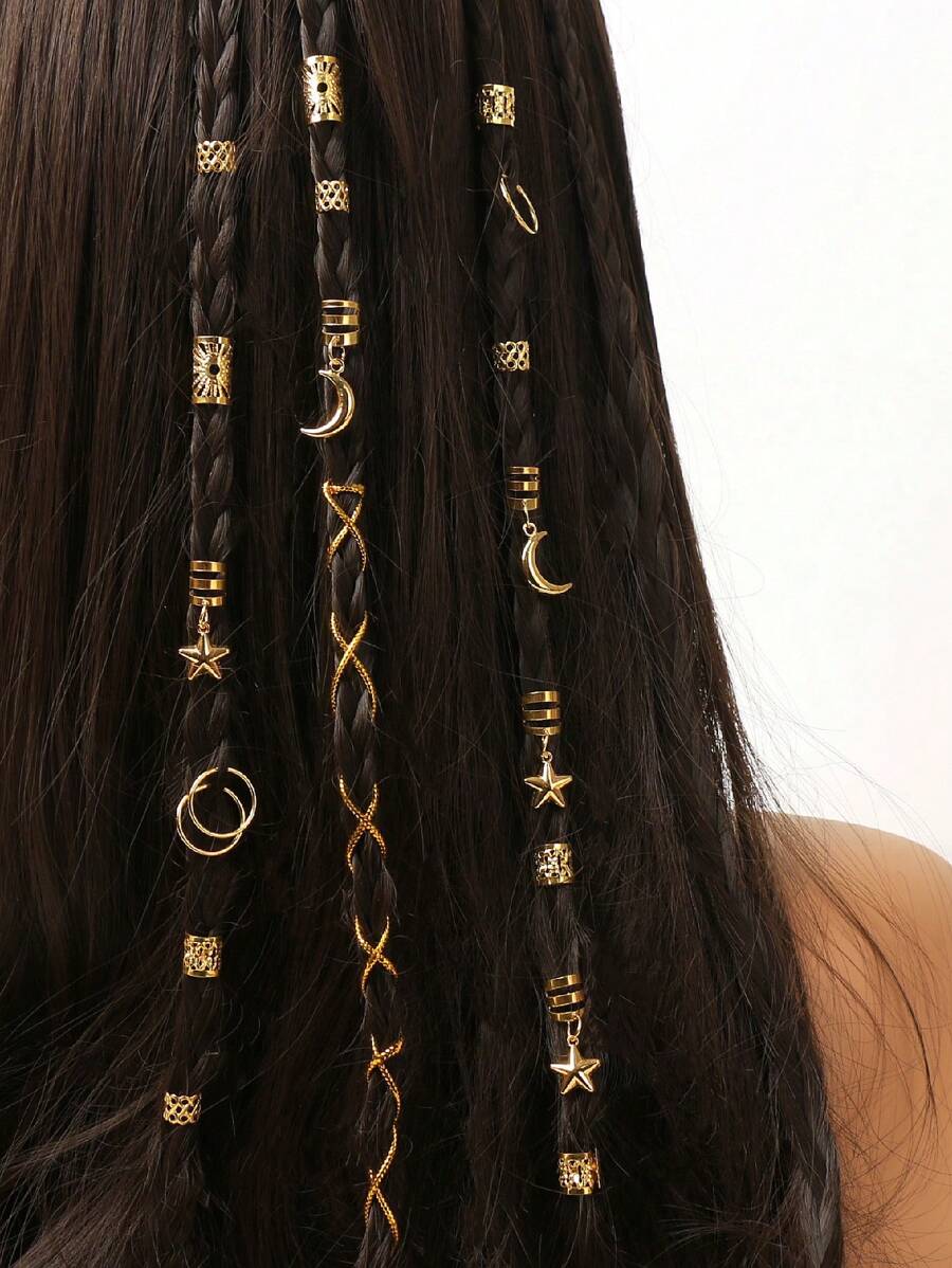 46pcs/Set Golden Rope Sun Star Moon Mixed Hair Hoops For Women, Braids ...