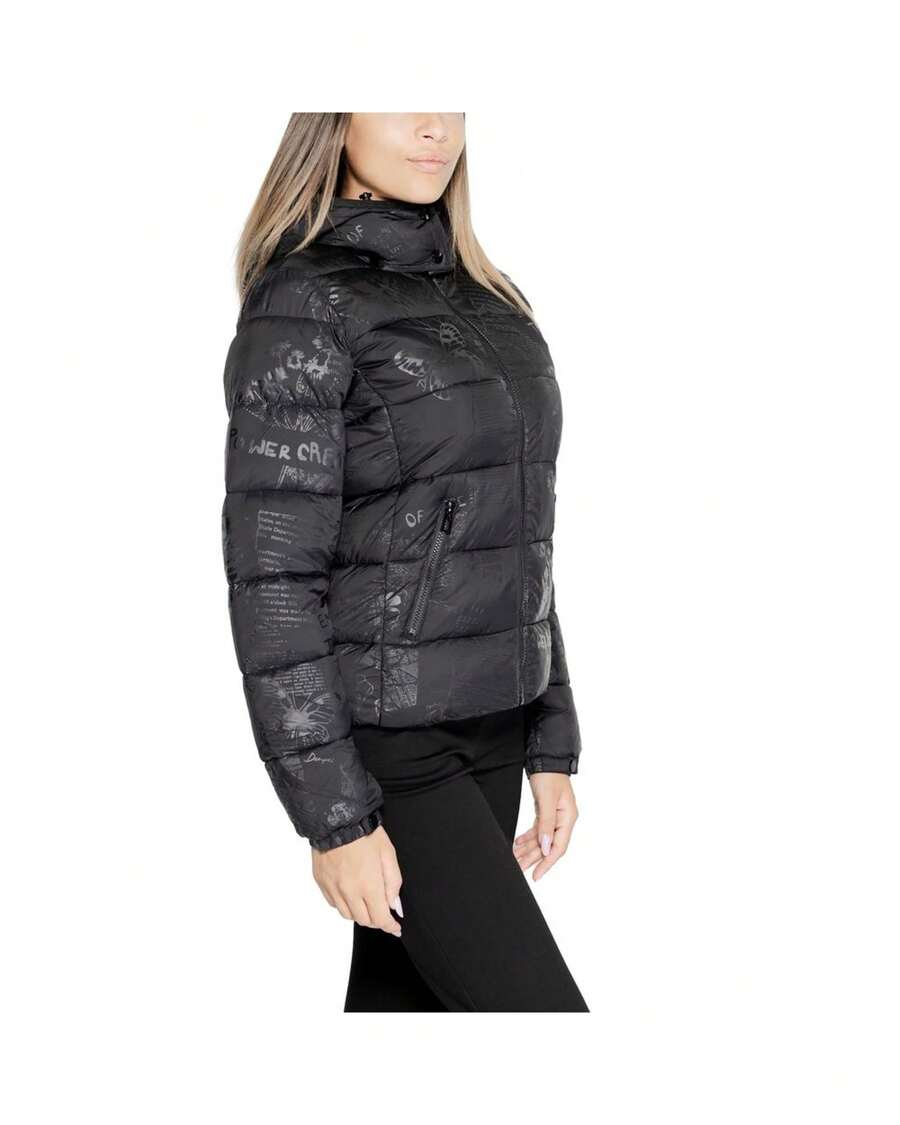 Desigual Newspaper Print Puffer Jacket Women Black Coats | SHEIN USA
