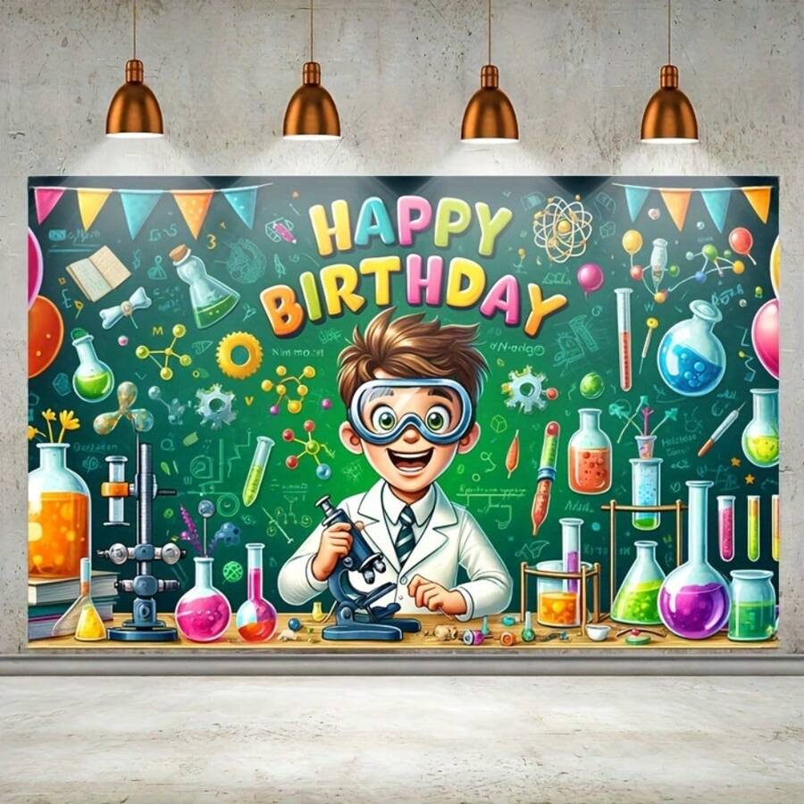 Little Scientist Theme Happy Birthday Banner - Polyester Photo Prop And ...