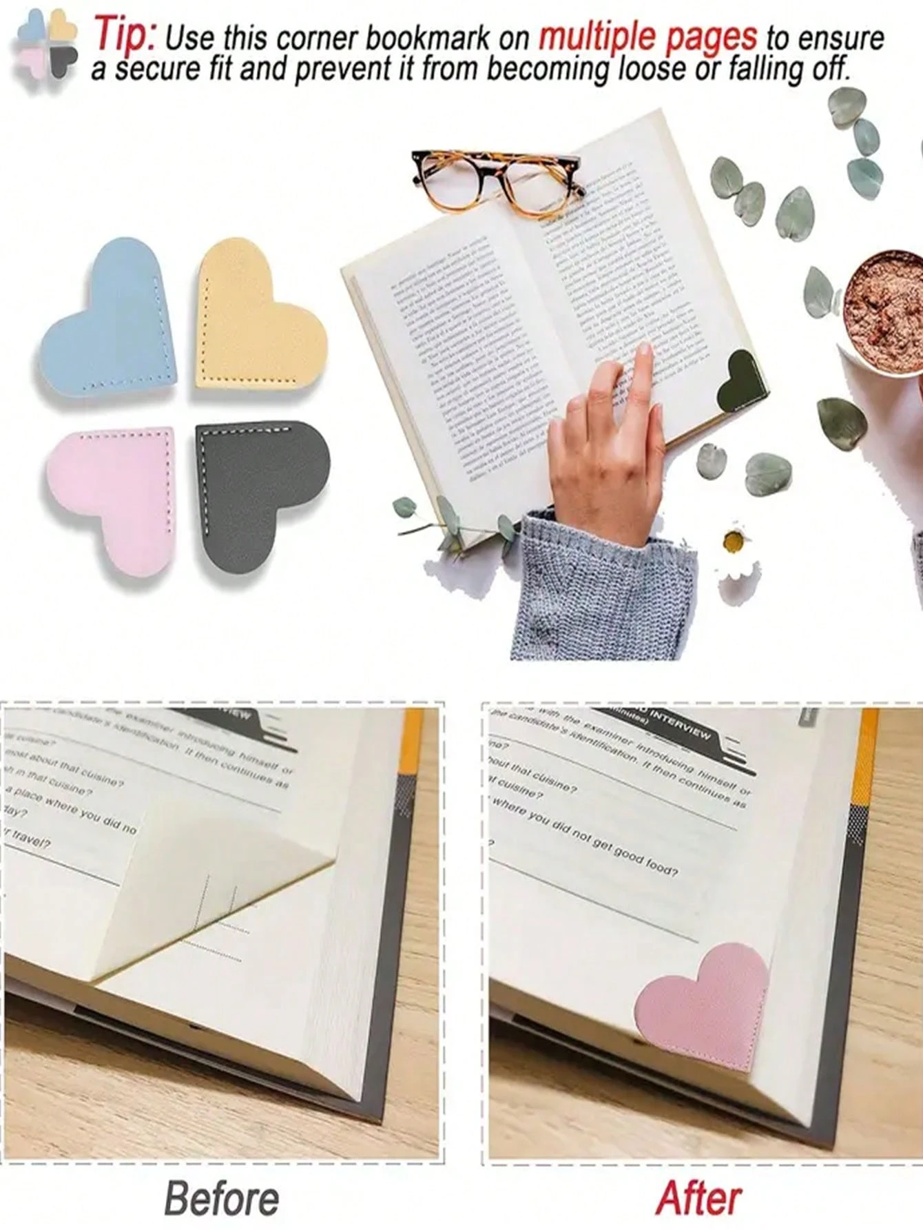 3/6pcs Faux Leather Heart-Shaped Bookmarks, Women's Corner Page ...