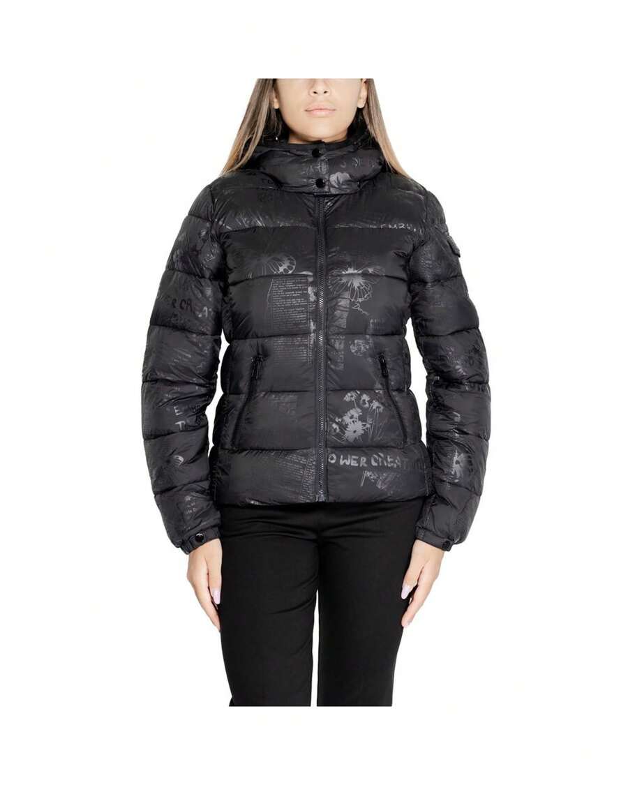 Newspaper Print Puffer Jacket Women Black Coats | SHEIN USA
