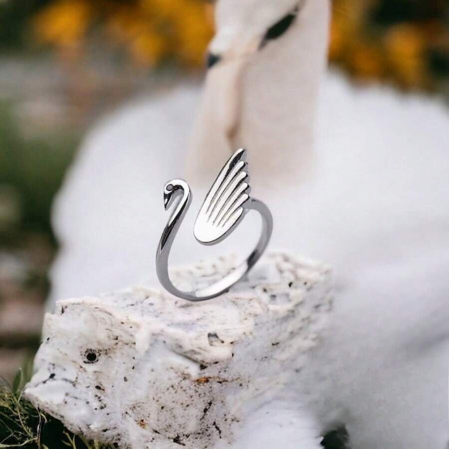 Silver Swan Ring Adjustable Open Swan Ring Cute Animal Ring Minimalistic Silver Swan Handmade ...