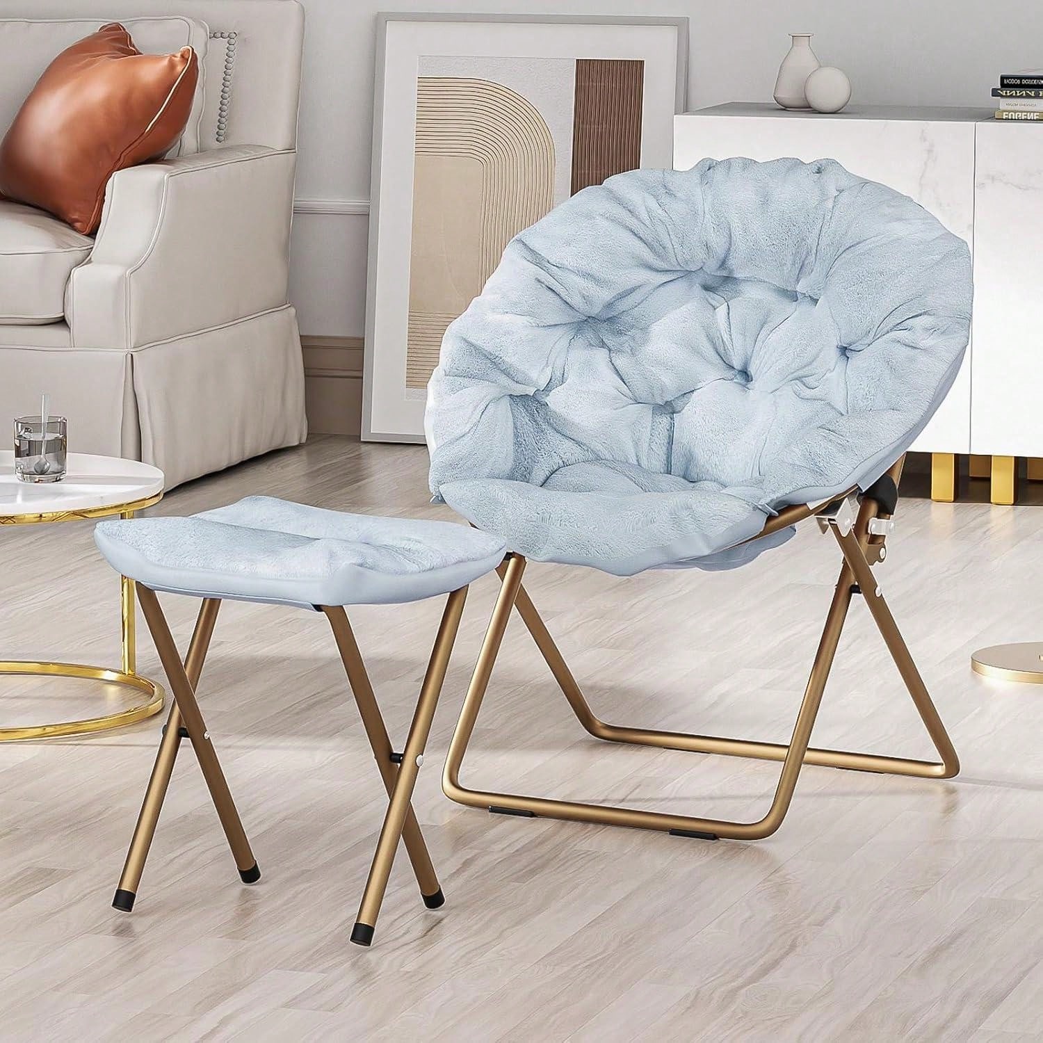 Foldable Oversized Moon Chair With Footrest, Large Faux Fur Round ...