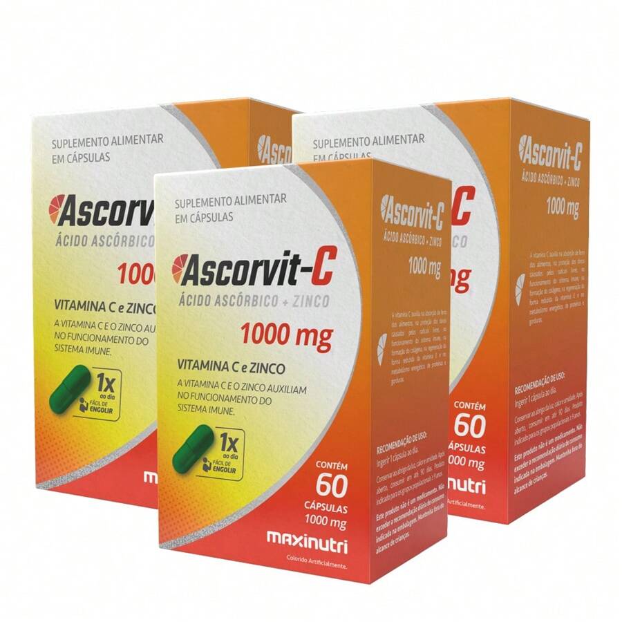 Kit 3 AscorVit C 1000mg Vitamina C + Zinco 60 Cápsulas Maxinutri | SHEIN Brasil