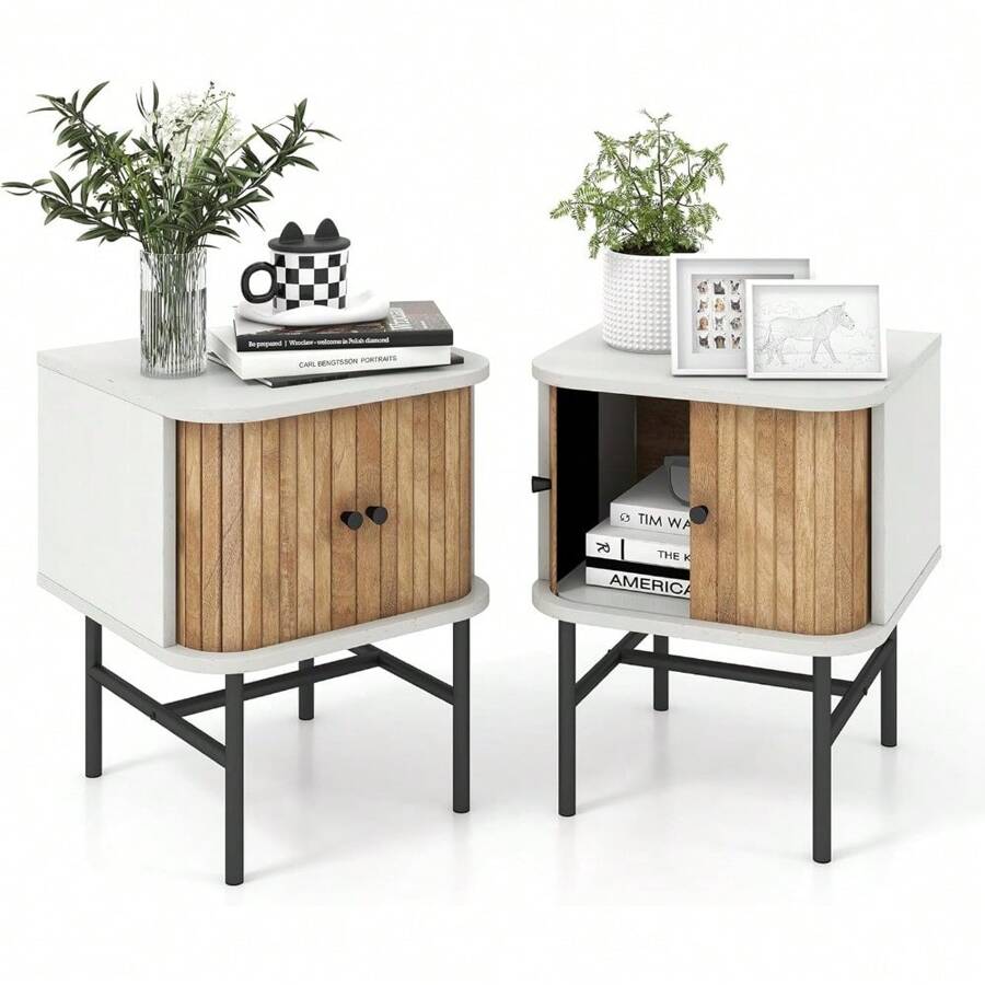 Mid-Century Modern Nightstand Set Of 2, Wood Bedside Tables With ...