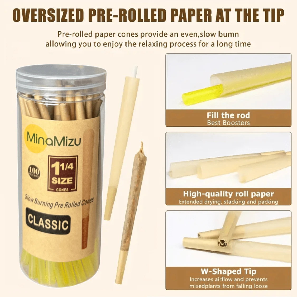MINAMIZU 100Pack 1-1/4 Size Cones Rolling Papers Pre Rolled Cones ...
