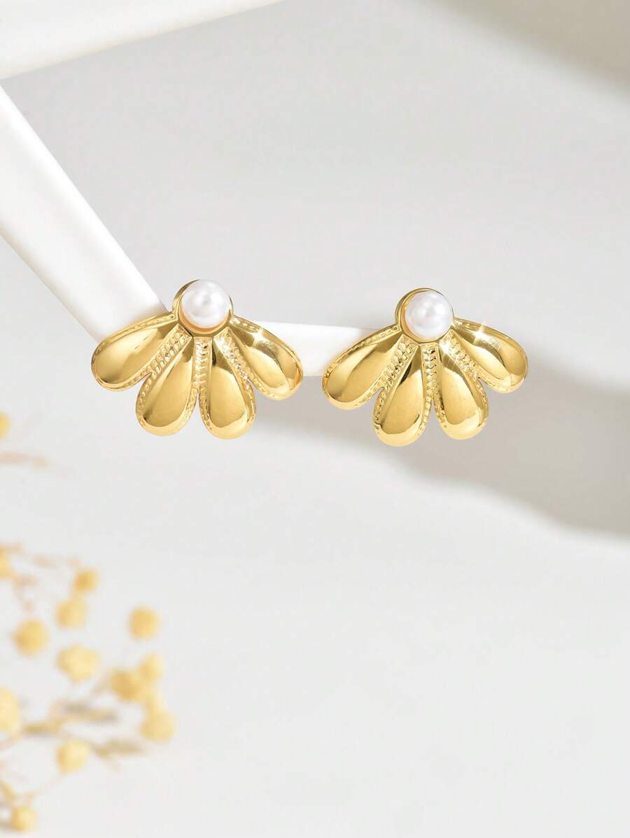 Elegant Retro 4-Leaf Flower Petals Inlaid Faux Pearl Stud Earrings, Low ...
