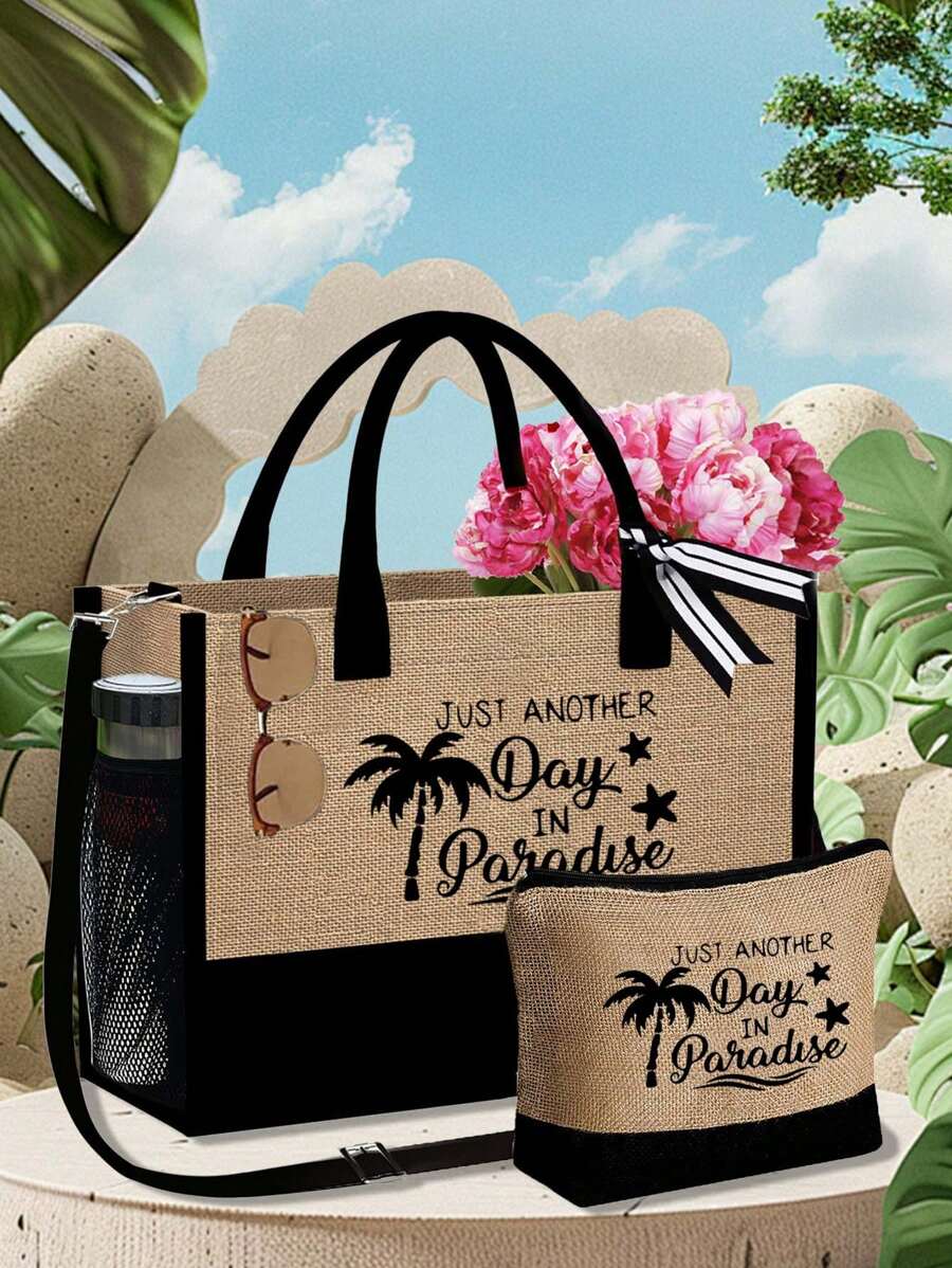Coconut Tree Print Beach Tote Bag And Makeup Bag, Printed With The ...
