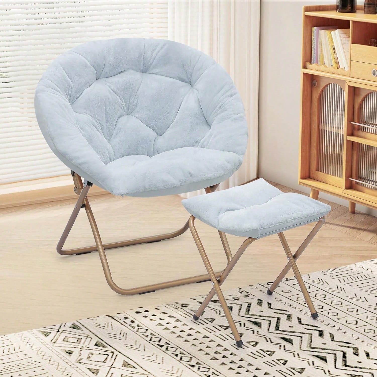 Foldable Oversized Moon Chair With Footrest, Large Faux Fur Round ...