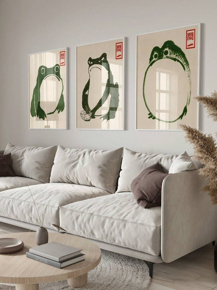 3-Piece Art Decor Retro Frogs Canvas Wall Art Set, Animal Print Ukiyo-E ...