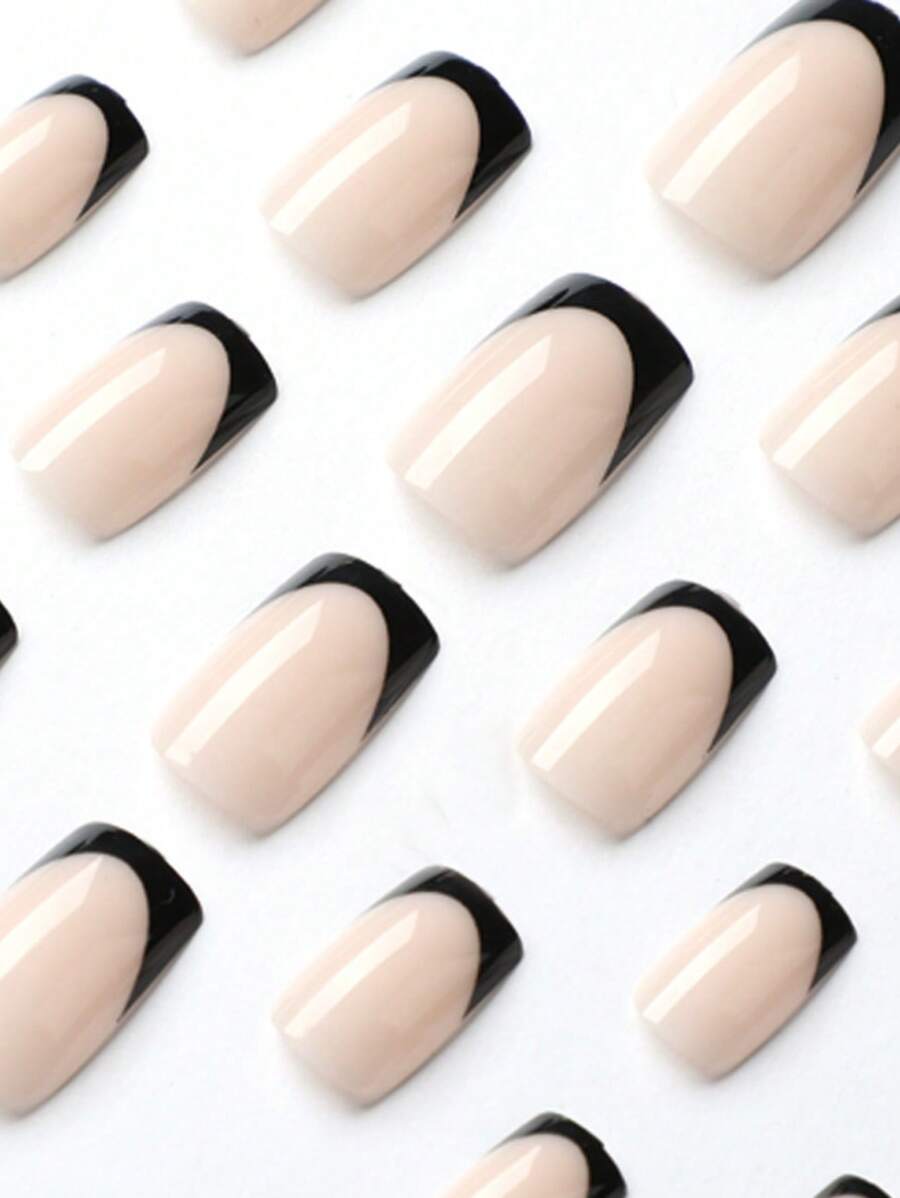 24pcs/Box Simple Black French Nail Tip Artificial False Nail Sets ...