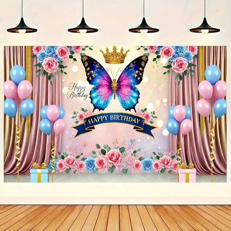 Butterfly Theme Birthday Party Backdrop, With Gold Crown And Balloons ...