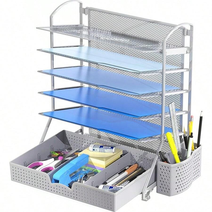 6 Trays Desk Document File Tray Organizer With Supplies Sliding Drawer ...