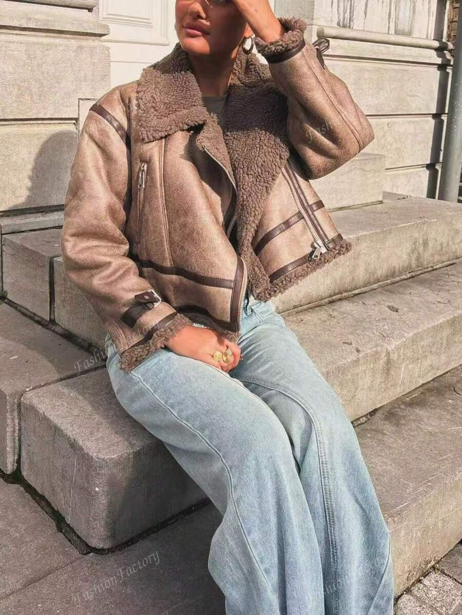 Short Double-Sided Bomber Jacket. Sherling Aviator Jacket. Effortless ...