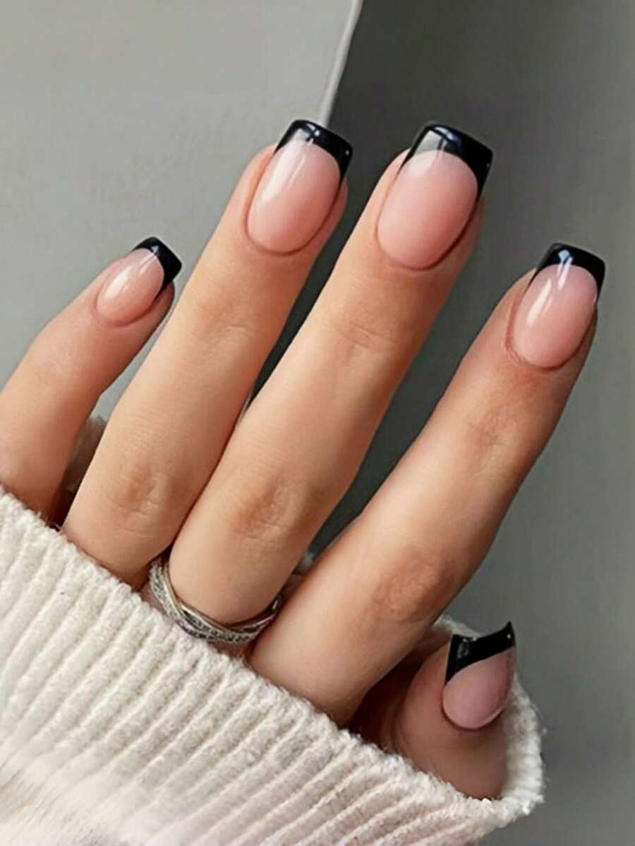 24pcs/Box Simple Black French Nail Tip Artificial False Nail Sets ...