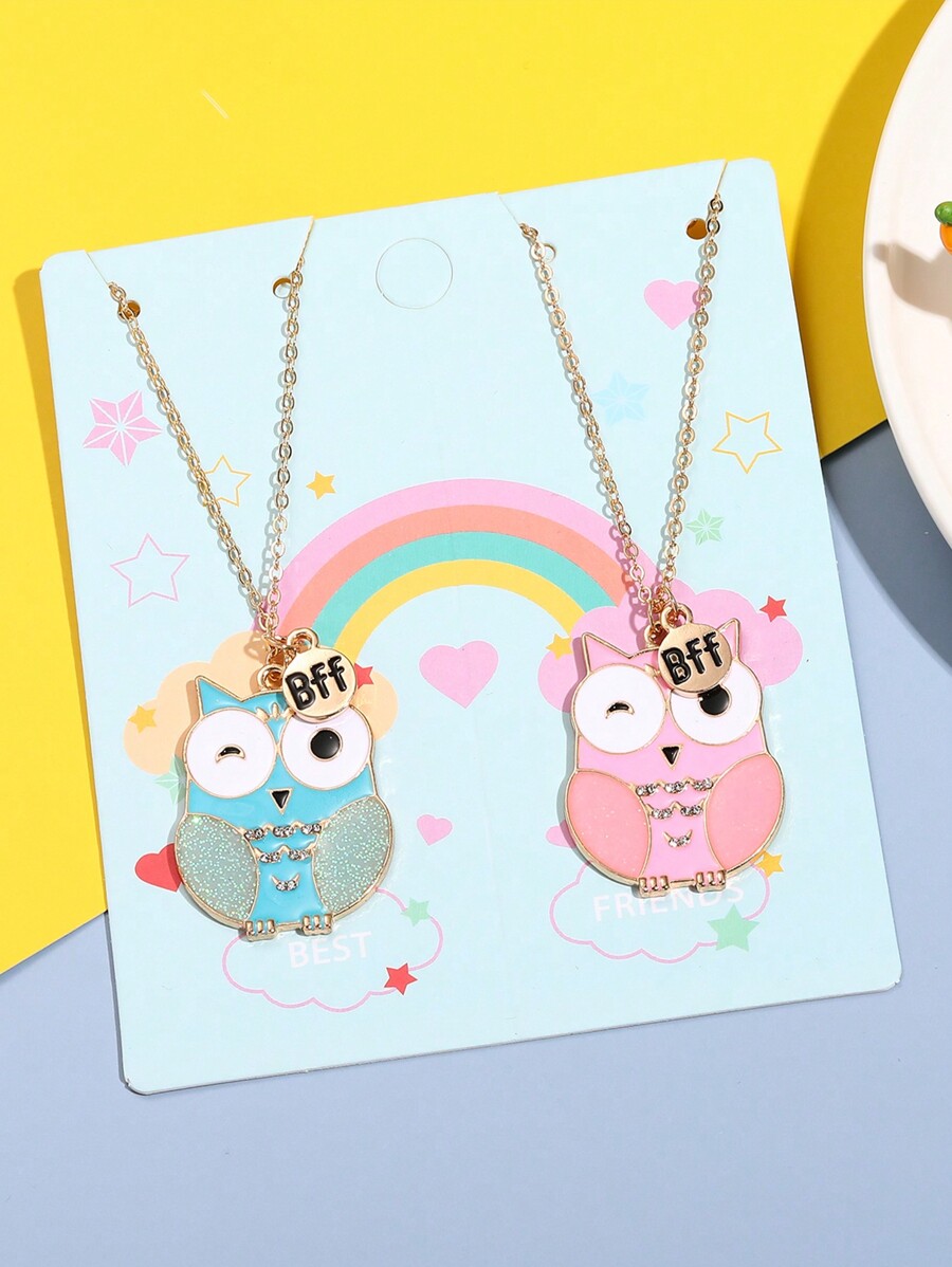 2pcs/Set Cute Girl Cartoon Owl Necklace Matching Set, BFF Friendship ...
