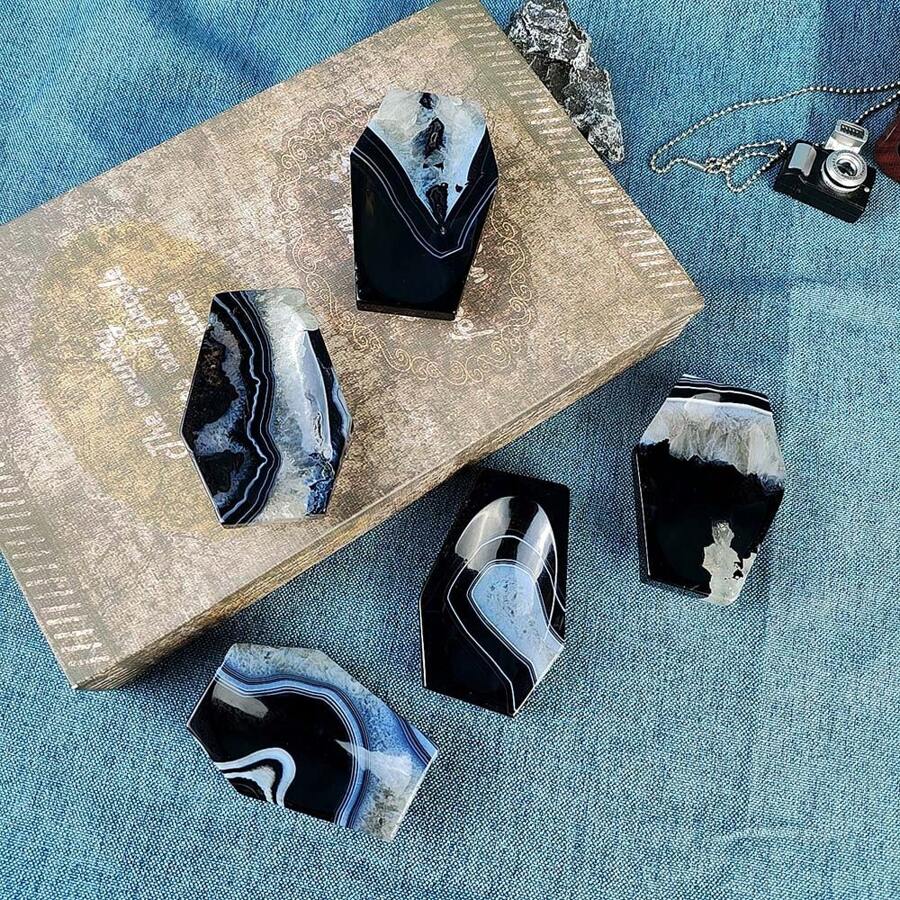 1pc Natural Crystal Black Sardonyx Coffin Shaped Geode Hand Carved Desk ...