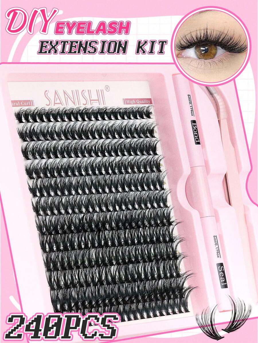 SANISHI 240pcs D-Curl Eyelash Extension DIY Kit, 50D 9-16mm Eyelash Cluster Individual Lashes ...