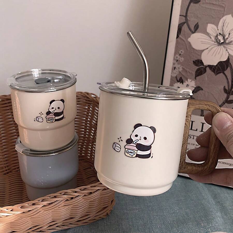 SUS304 Stainless Steel Reusable Coffee Cup With Straw And Lid, Adorable ...