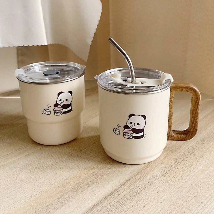 SUS304 Stainless Steel Reusable Coffee Cup With Straw And Lid, Adorable ...