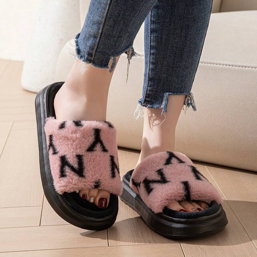 Women's Fashion Open Toe Random Letter Print Plush Slippers, Thick Sole ...