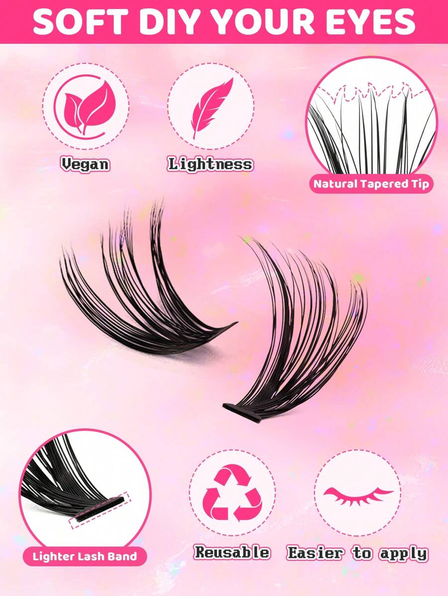 SANISHI 240pcs D-Curl Eyelash Extension DIY Kit, 50D 9-16mm Eyelash Cluster Individual Lashes ...