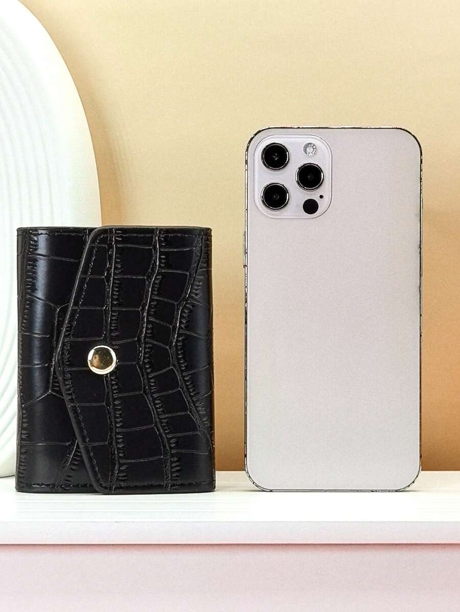 Women Short Fashion Crocodile Texture Plain PU 3-Fold Wallet Small ...