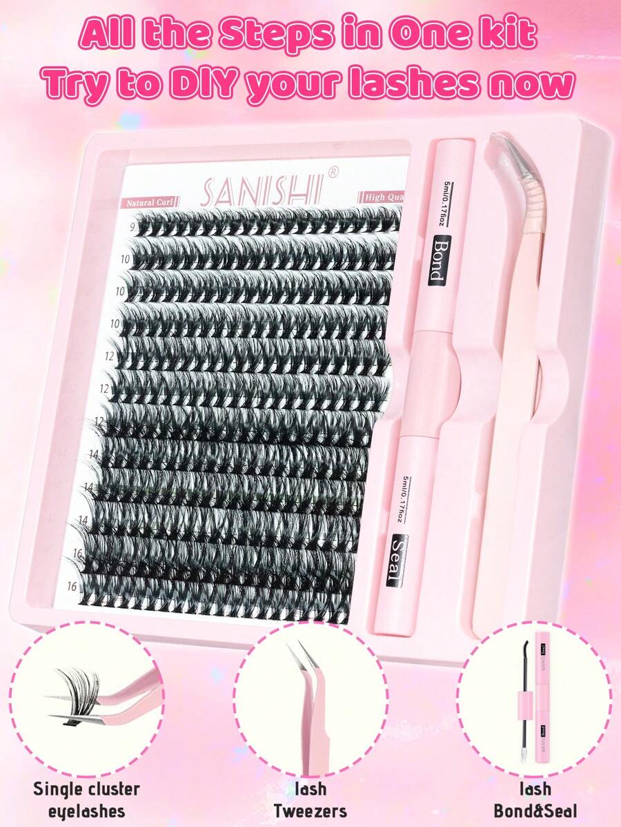 SANISHI 240pcs D-Curl Eyelash Extension DIY Kit, 50D 9-16mm Eyelash Cluster Individual Lashes ...