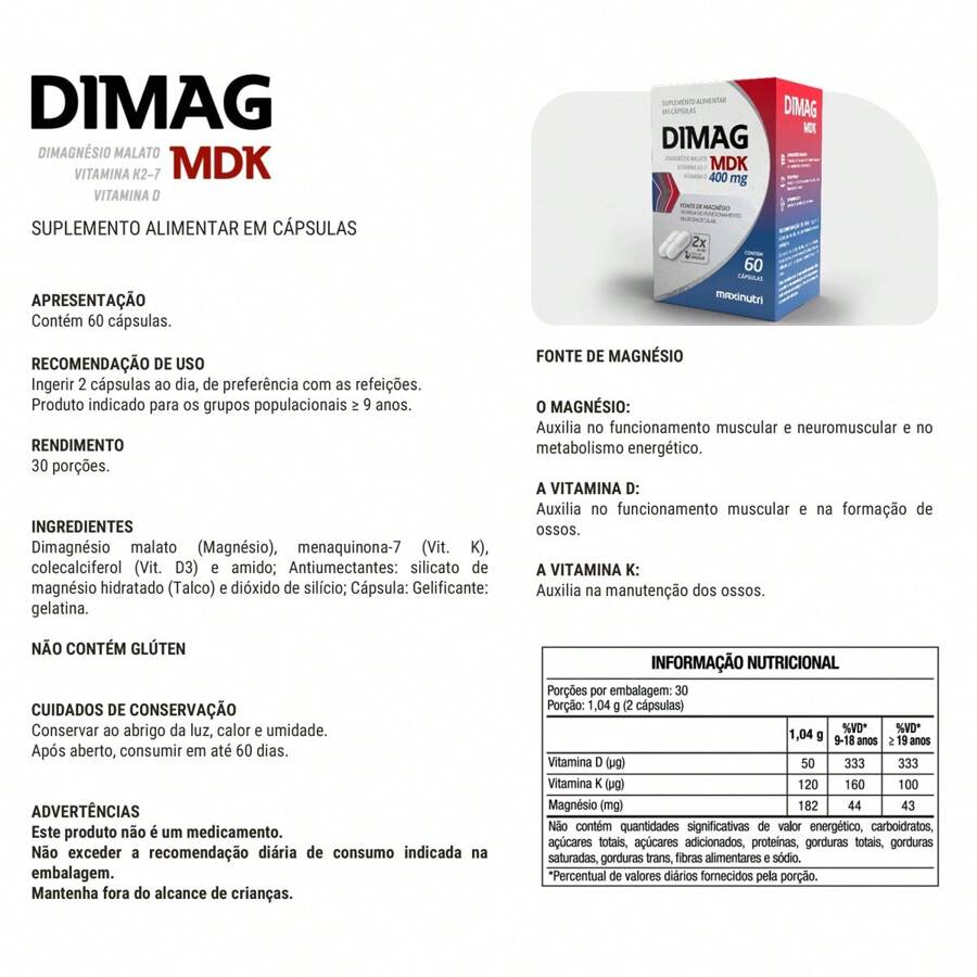 Dimag MDK Di-Magnésio Malato + Vitamina D3 e K2-7 Maxinutri | SHEIN Brasil