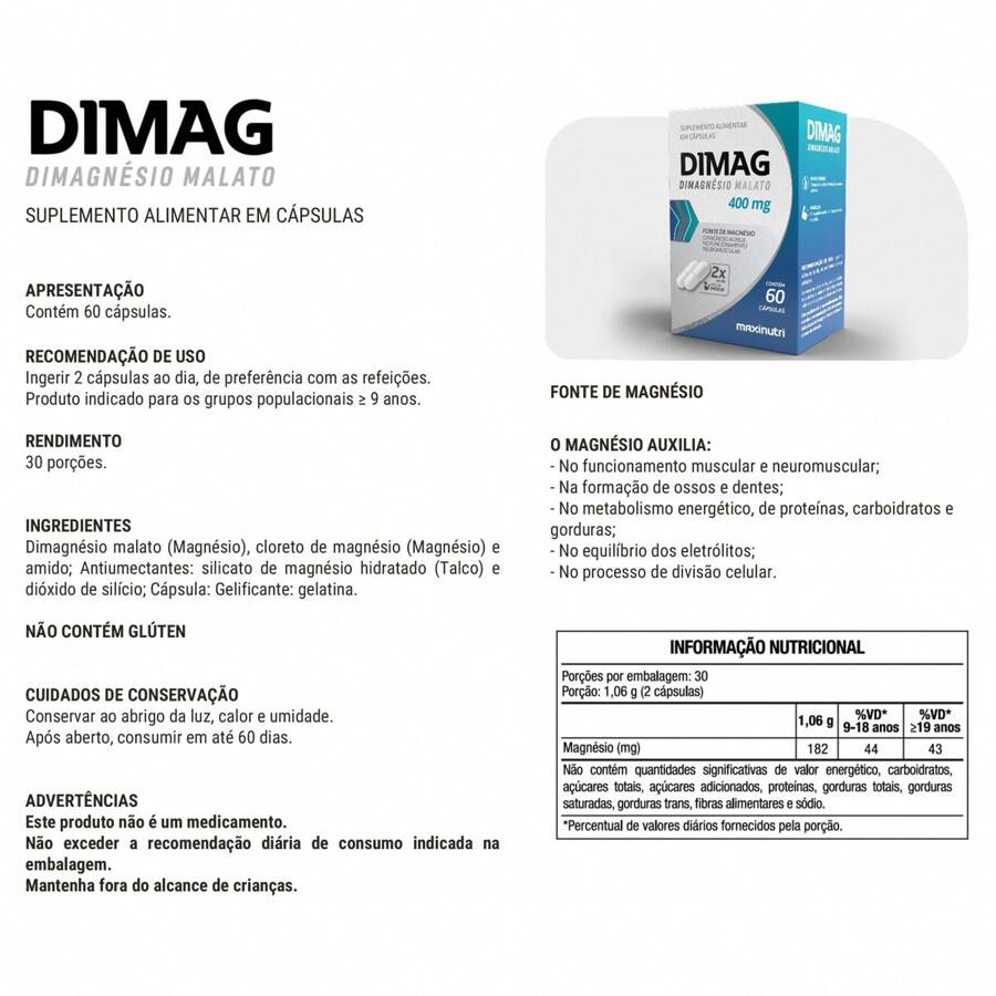 Kit 3 Dimag Dimalato de Magnésio 400mg 60 Cáps Maxinutri | SHEIN Brasil