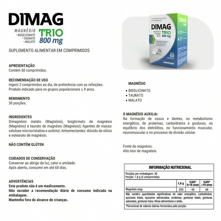 Dimag Trio Magnésio Bisglicinato Taurato e Malato 60 Caps Maxinutri | SHEIN Brasil