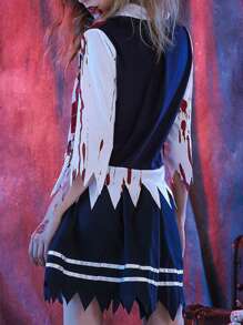 Women Halloween Outfit, Bloody Plaid Top With Skirt Tie Zombie Costume ...