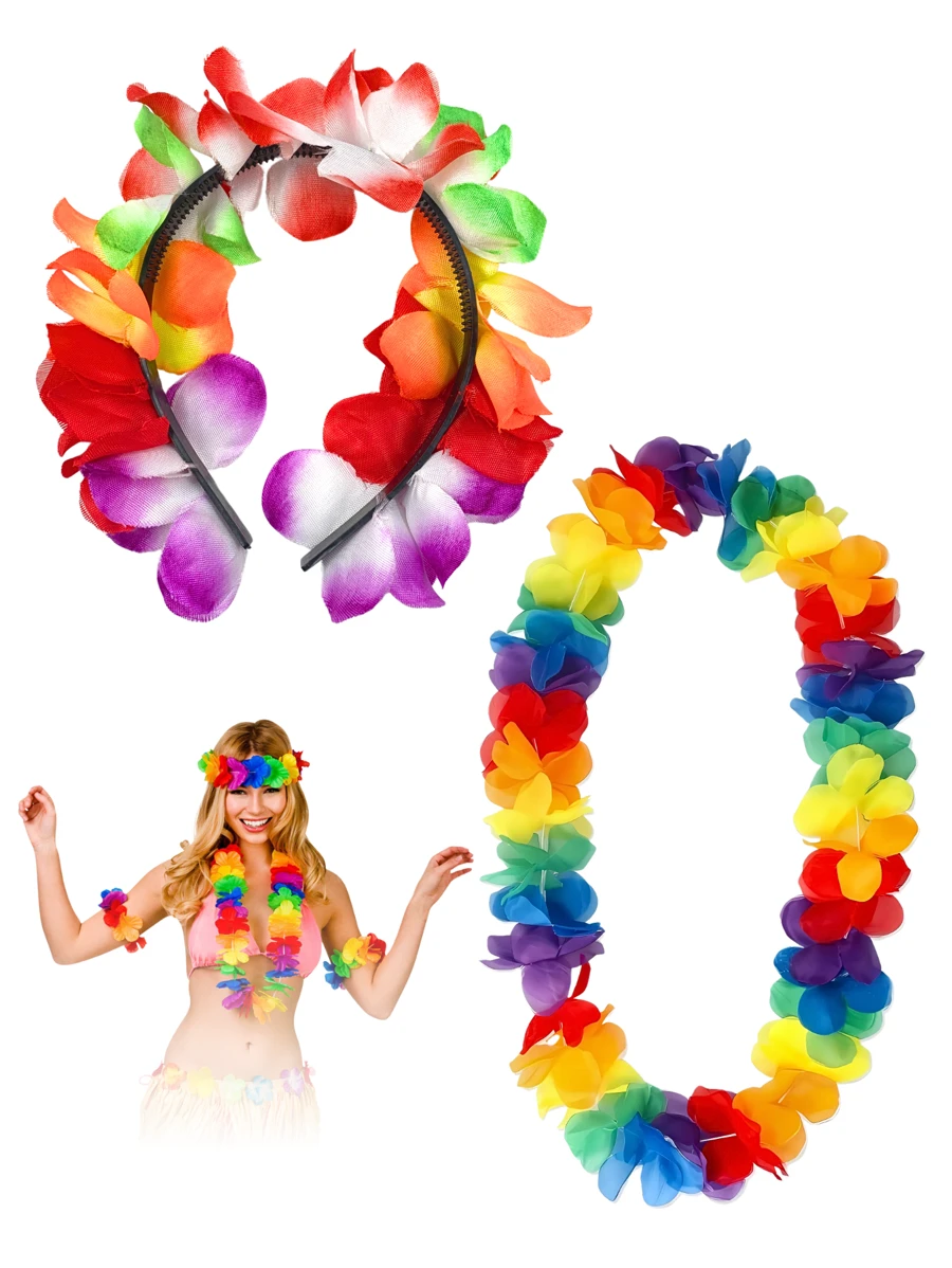 Kit Fantasia Havaiana Arco Tiara Colar Pétalas Colorida Tropical Praia ...