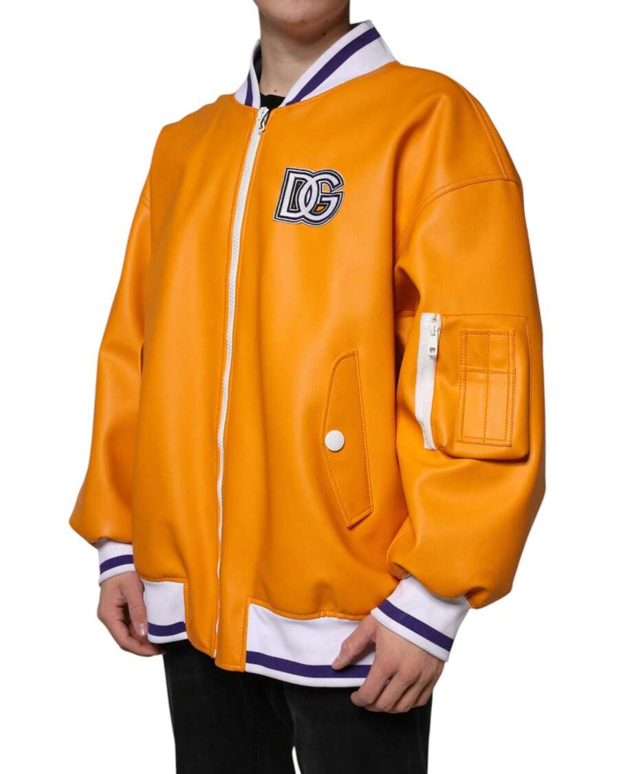 Dolce & Gabbana Leather Bomber Jacket DG Varsity Men Orange | SHEIN USA