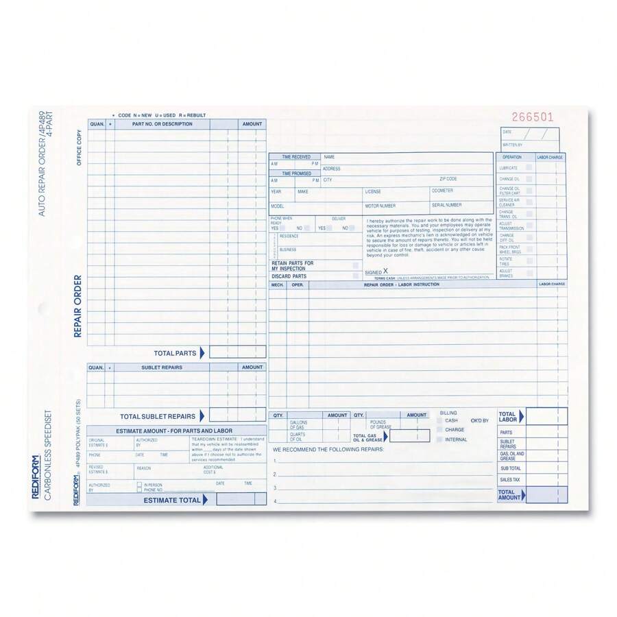 Rediform Speediset Four-Part Auto Repair Form, Four-Part Carbonless, 11 ...