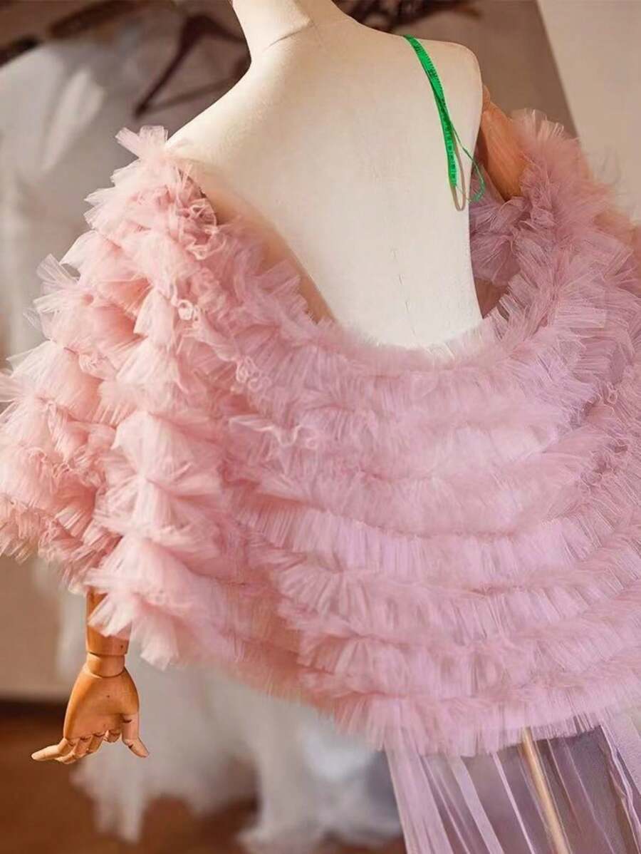 Bride's Pink Sheer Bridal Shawl, High-End Chiffon Wrap For Formal Gowns ...