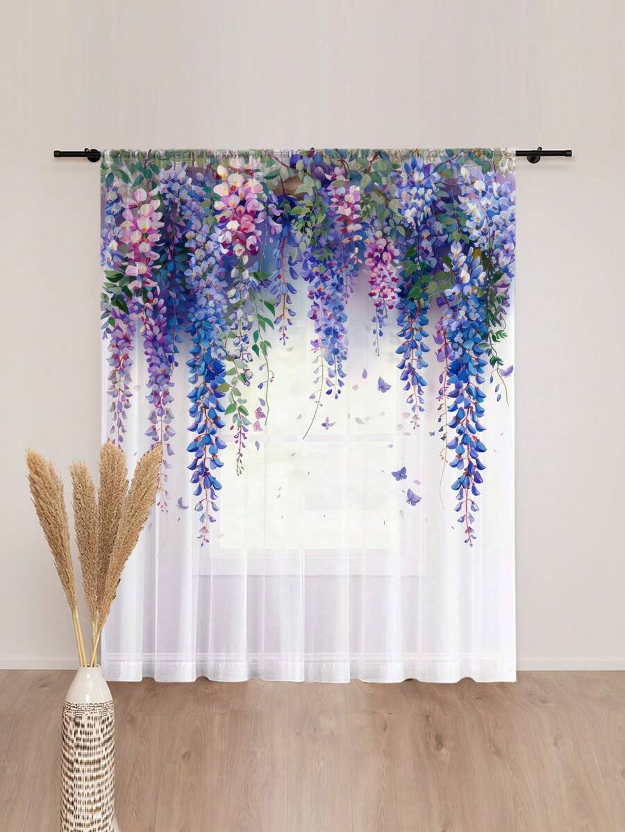 1pc Wisteria Floral Pattern Sheer Curtain, Modern 3D Printed Design ...