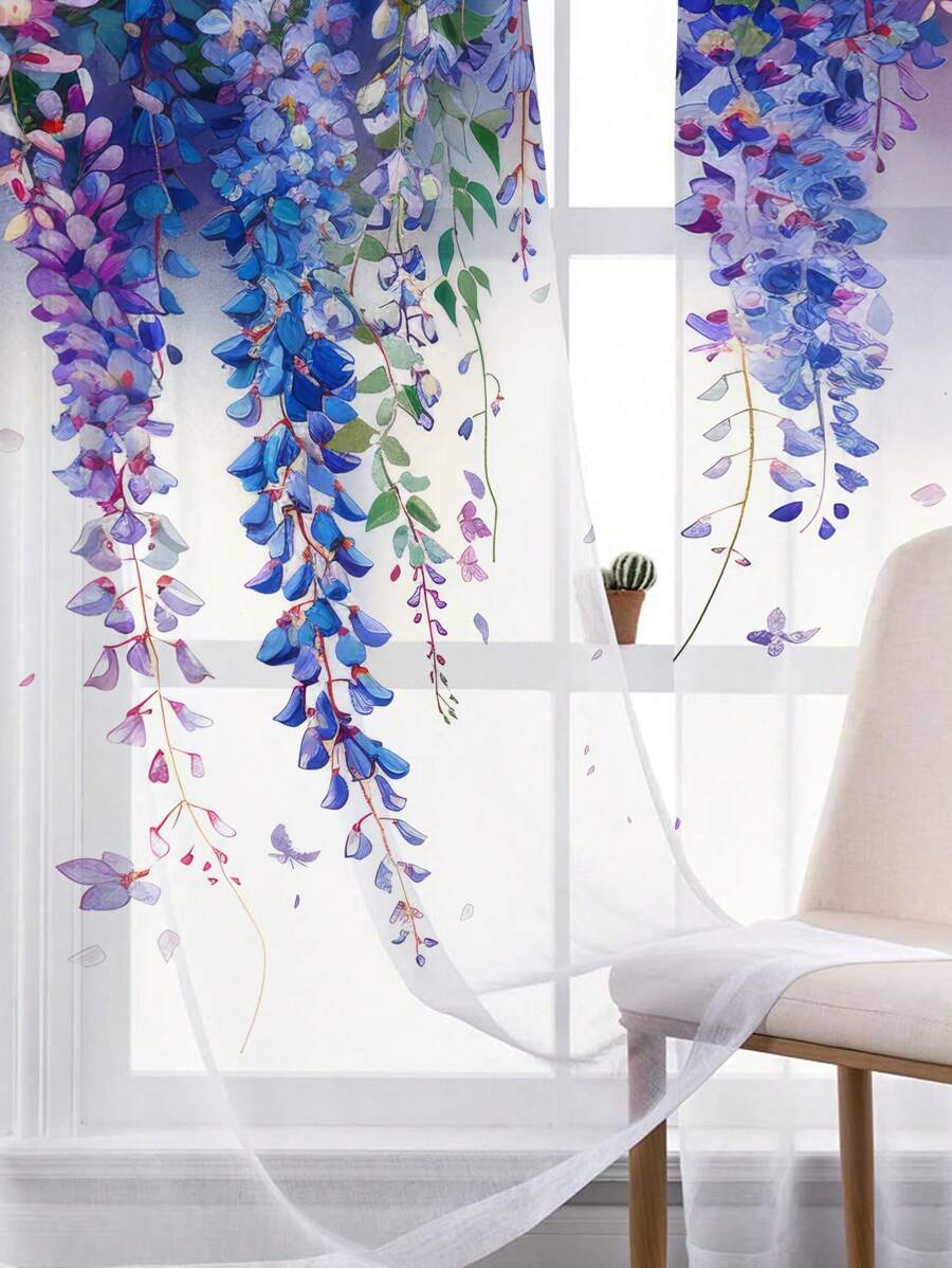 1 szt. Wisteria Floral Pattern Sheer Curtain, nowoczesny wzór drukowany ...