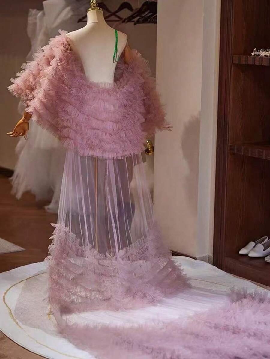 Bride's Pink Sheer Bridal Shawl, High-End Chiffon Wrap For Formal Gowns ...